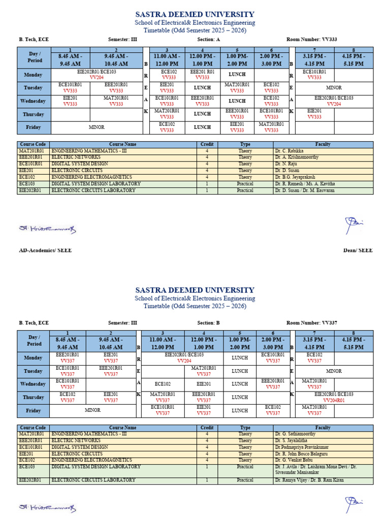 ECE Timetable for Odd Semester 2025-26 | PDF | Electronic Engineering ...