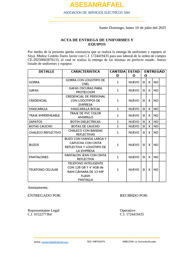 Acta De Entrega De Uniformes Y Equipos Pdf Equipo