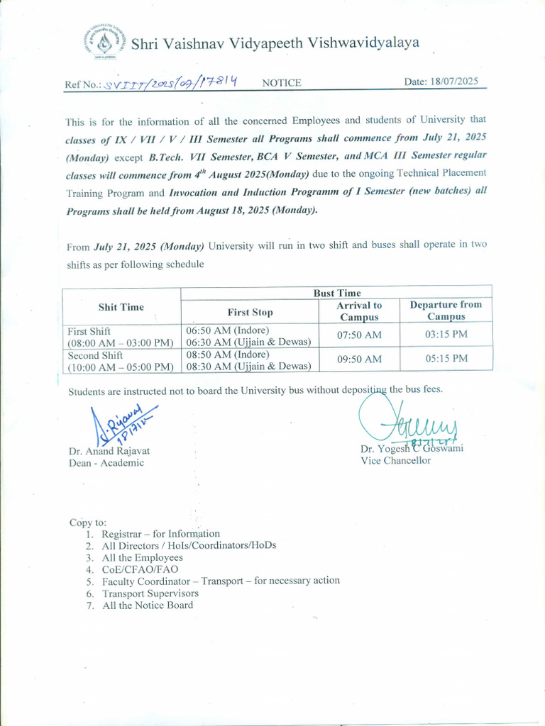 Notice - NOTICE - Commencement of Classes and Shift Time July-Dec 2025 ...