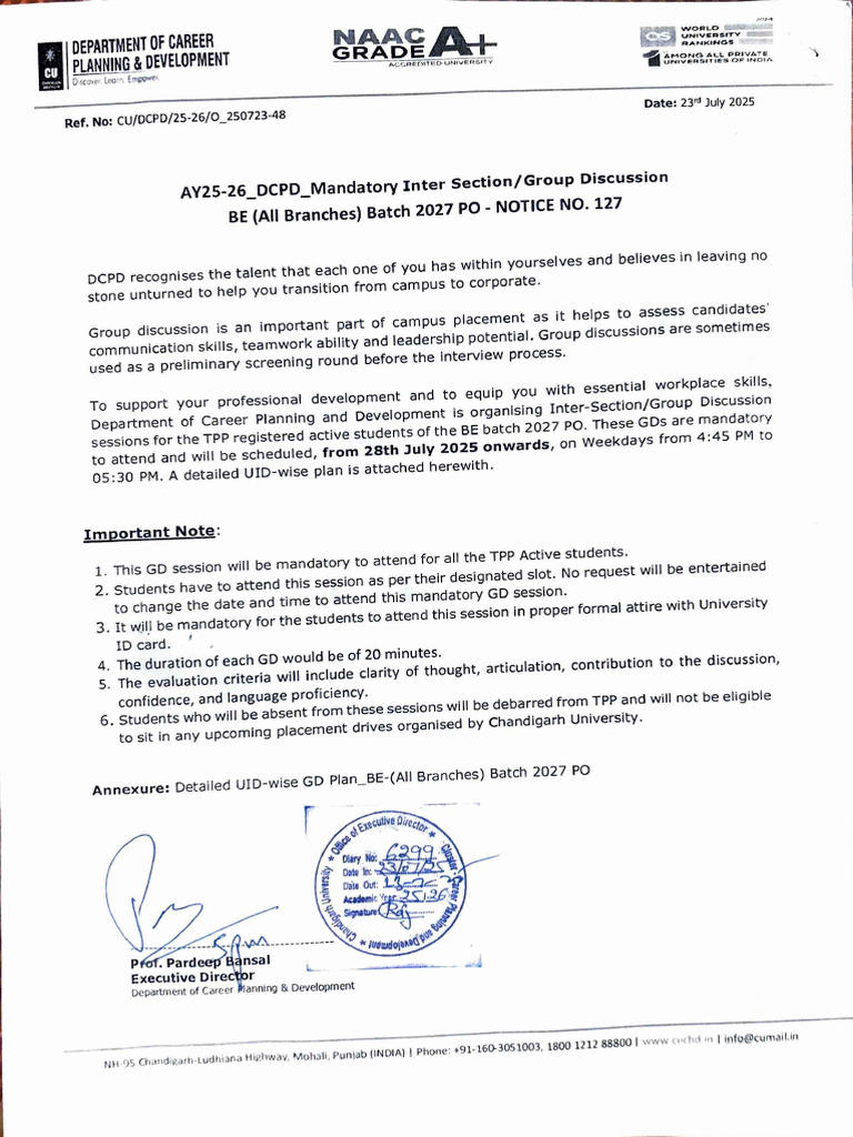 Notice - DCPD Mandatory Intern Section GD BE Batch 2027 PO | PDF