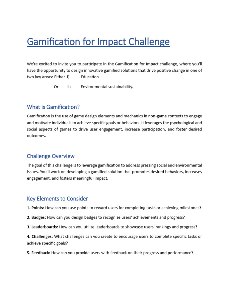 Gamification For Impact Challenge - Arundel Hackathon | PDF | Learning | Behavior Modification