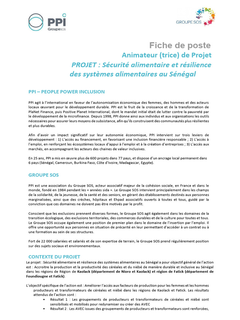 Animateur Projet Sécurité Alimentaire Sénégal | PDF | La microfinance ...