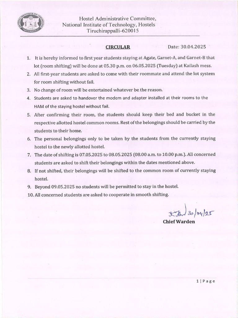 1st Year Students Shifting Circular | PDF