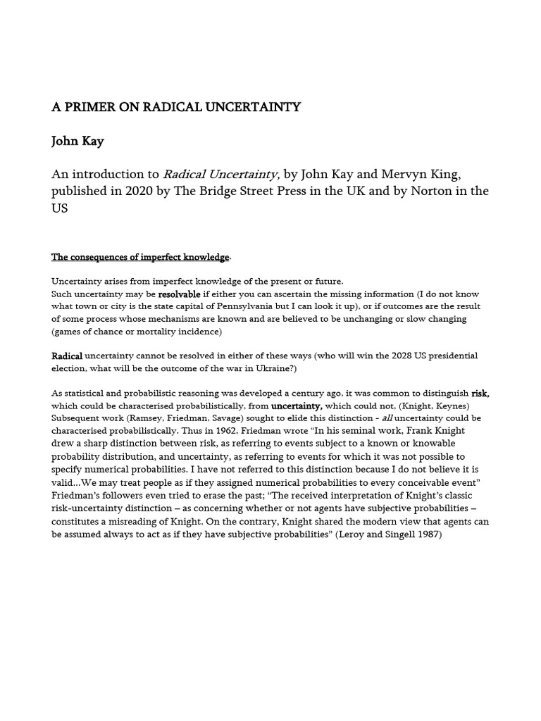 Sir John Kay - A Primer On Radical Uncertainty - 2020 | PDF ...