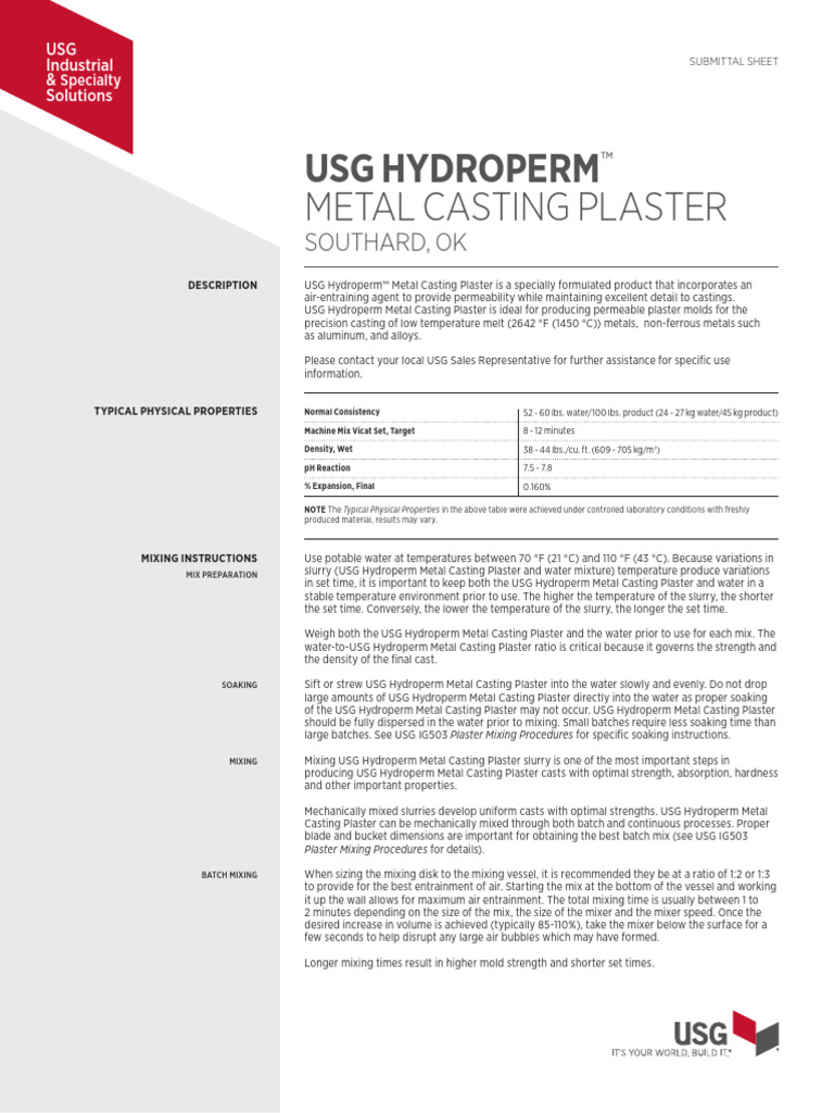 USG Hydroperm Metal Casting Plaster Guide | PDF | Plaster | Casting
