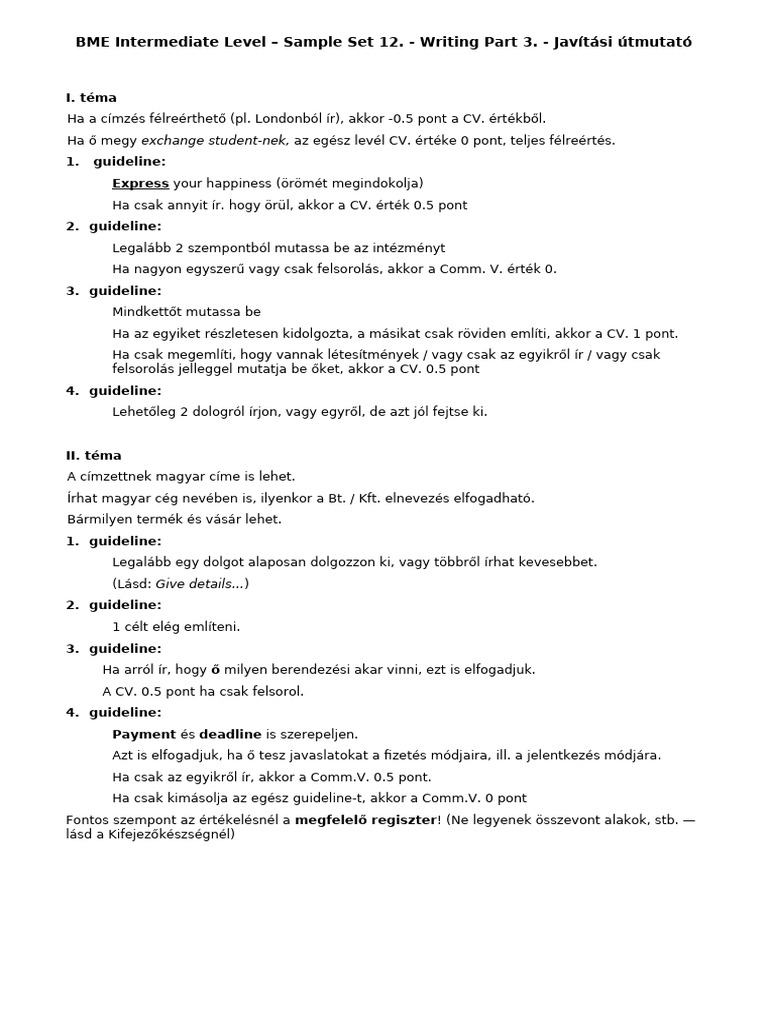 12 BME Intermediate Level - Writing Part 3. - Javítási Útmutató | PDF