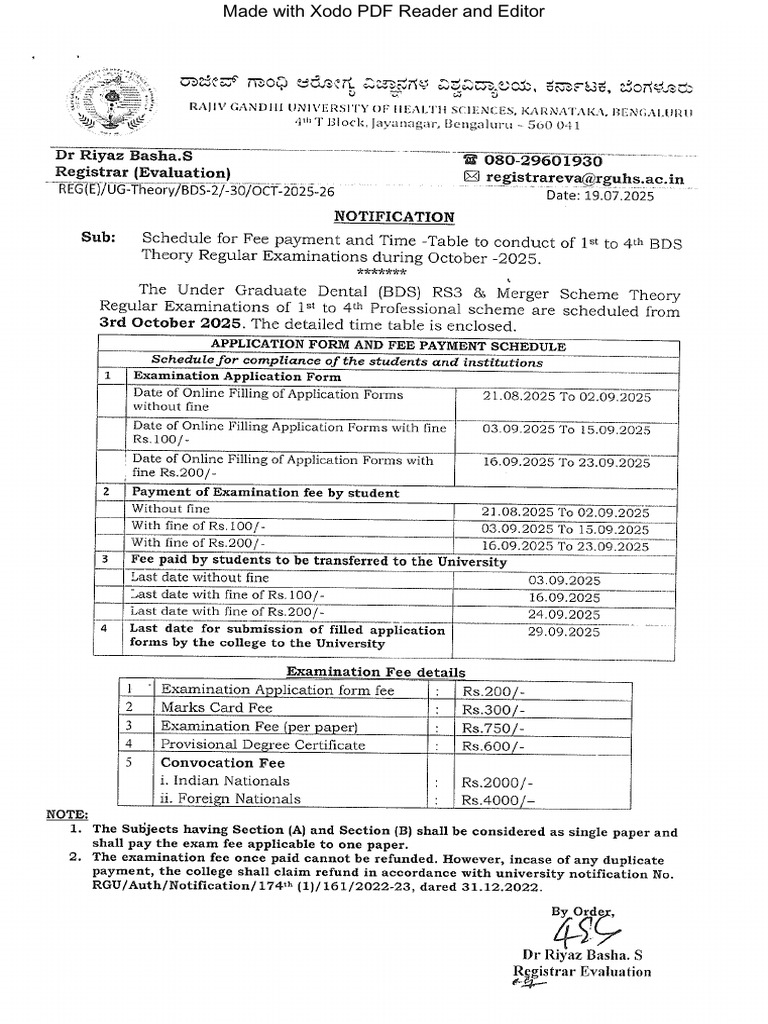 1st To 4th Year BDS Fees Notification Time Table Theory Octo-2025 | PDF