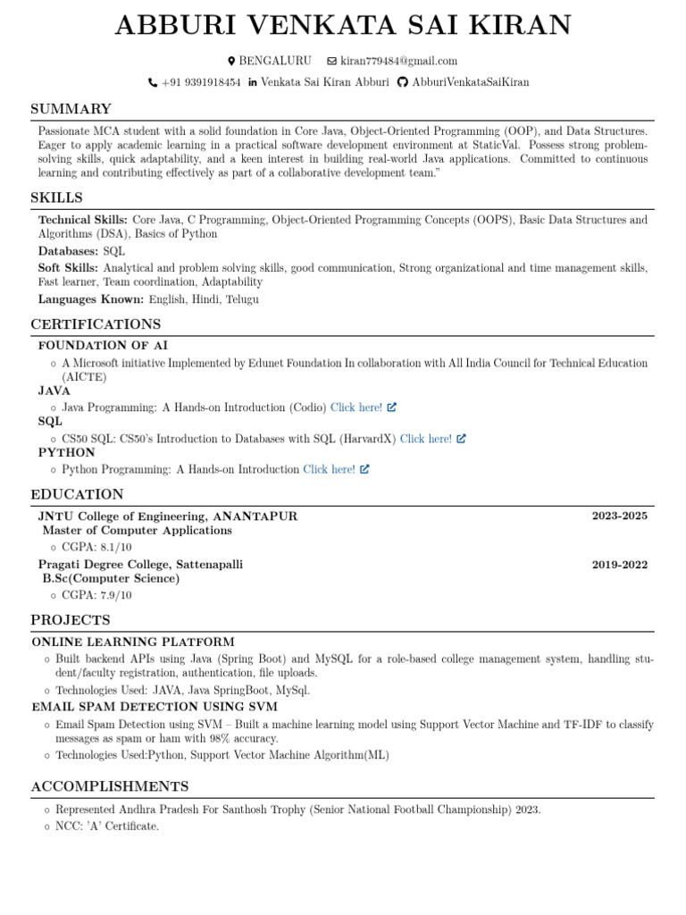 Abburi Venkata Sai Kiran HclTech | PDF