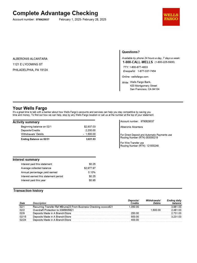 Wells Fargo Bank Statement | PDF | Transaction Account | Banks