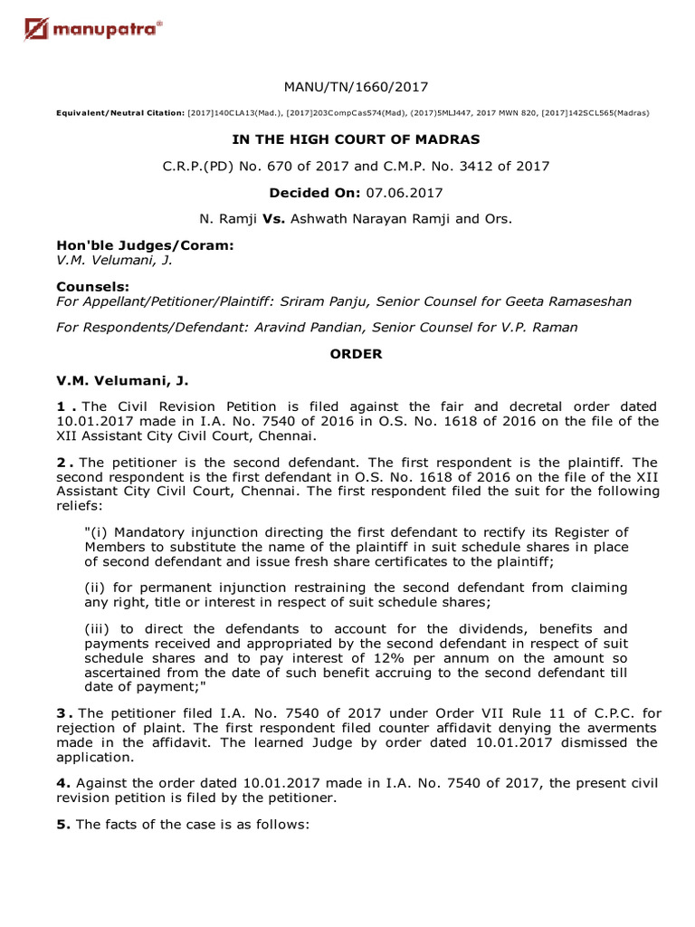 N Ramji Vs Ashwath Narayan Ramji and Ors | PDF | Lawsuit | Jurisdiction