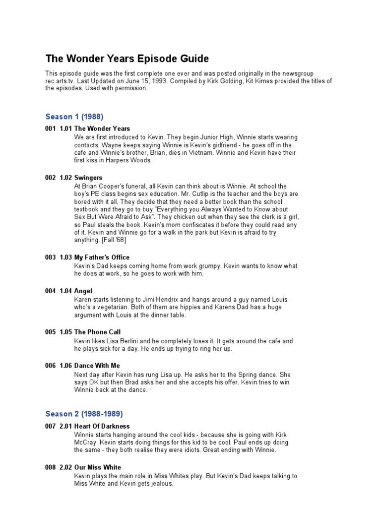 The Wonder Years - Episode Guide | PDF | Leisure