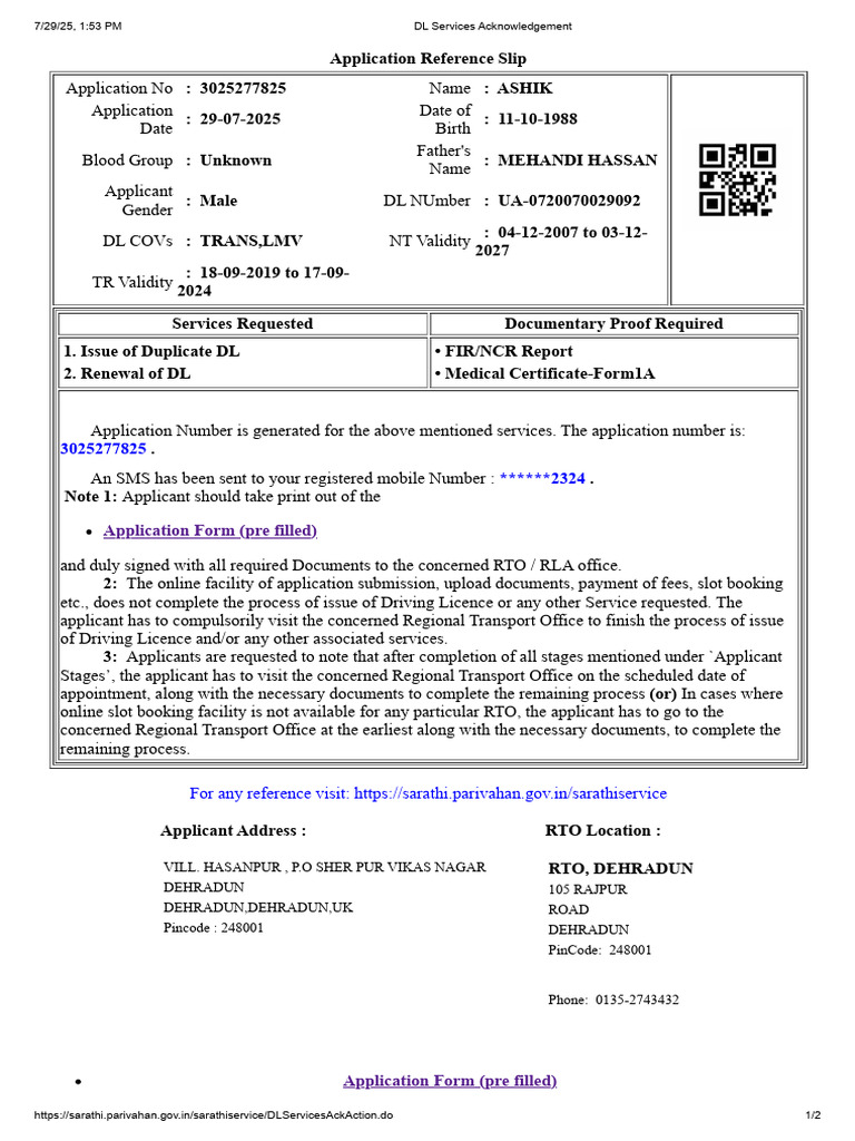 DL Services Acknowledgement | PDF | Road Transport | Land Transport