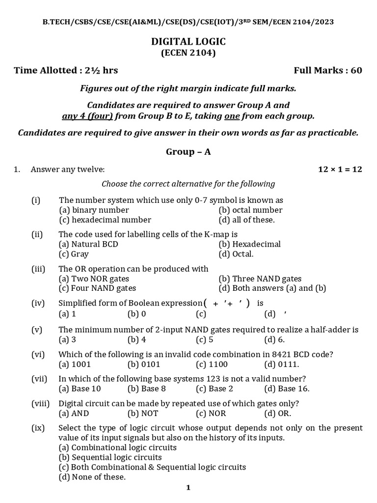 Digital Logic Exam ECEN 2104 Guide | PDF | Logic Gate | Digital Technology