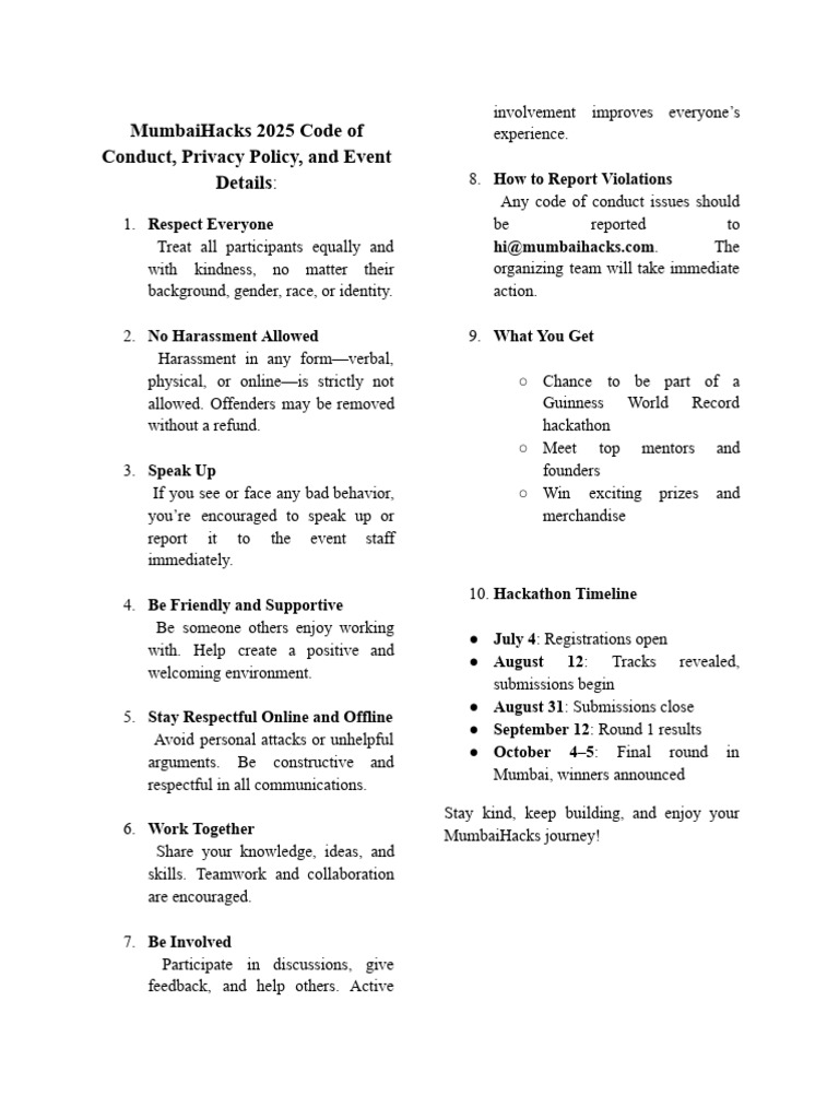 MumbaiHacks 2025 Code of Conduct, Privacy Policy, and Event Details | PDF | Chess Theory | Chess