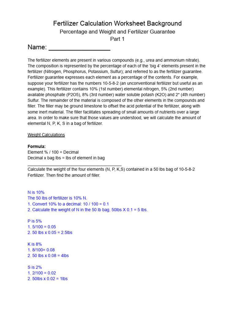 Fertilizer Calculation Worksheet Guide | PDF | Fertilizer | Chemistry
