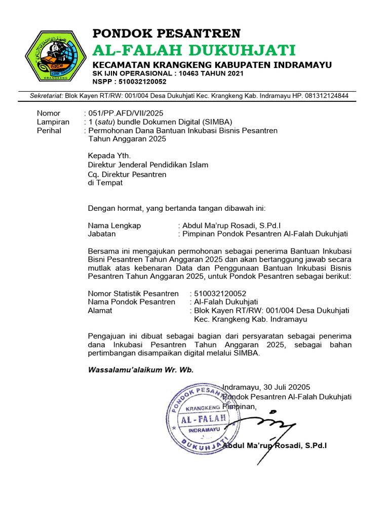 Surat Permohonan Inkubasi Bisnis Pesantren 2025 | PDF