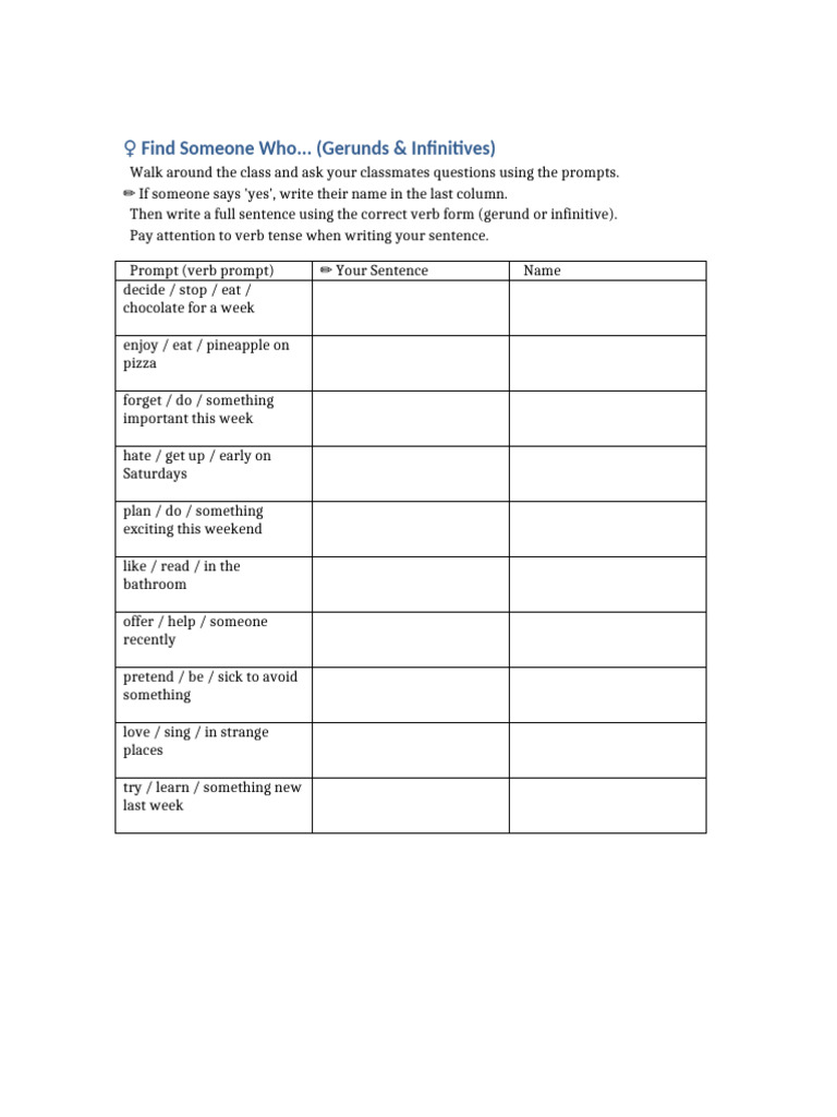 Find Someone Who With Writing A2 | PDF