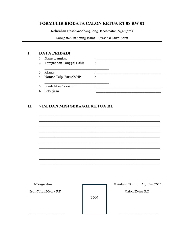 Formulir Biodata Calon Ketua RT 08 RW 02 | PDF