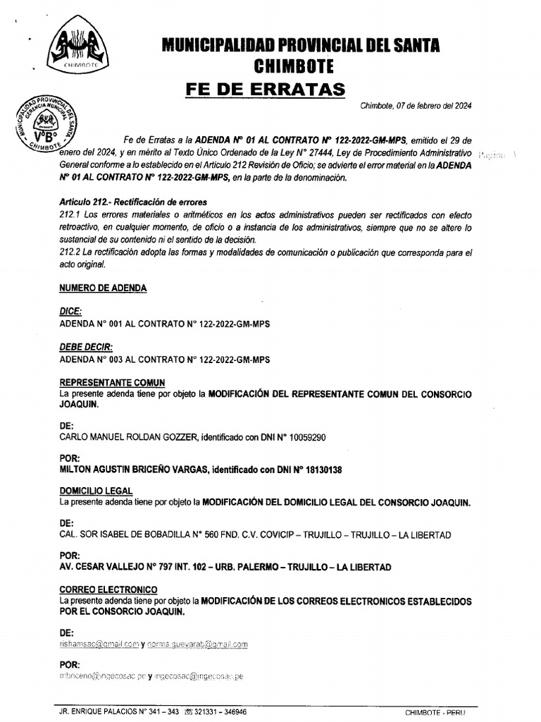 Fe de Erratas Adenda N 1 Al Contrato N 122 2022 | PDF
