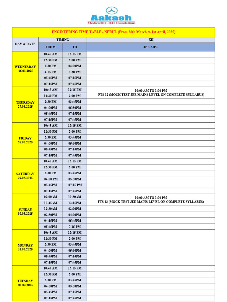 Nerul - Jee - Adv - Intensive - Time Table 25-03-2025 To 01-04-2025 | PDF