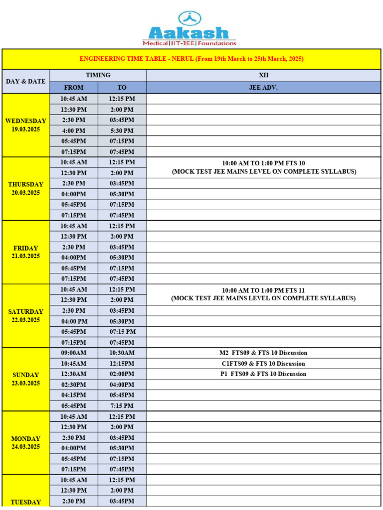 Nerul - Jee - Adv - Intensive - Time Table 19-03-2025 To 25-03-2025 | PDF