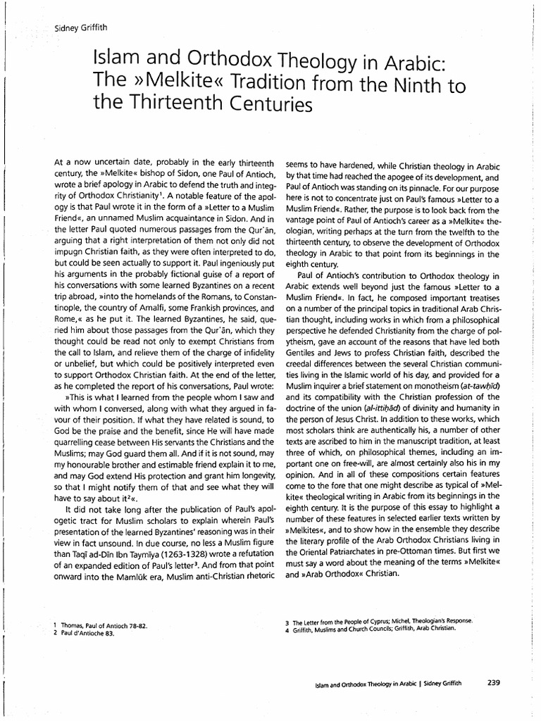 논문-Islam and Orthodox Theology in Arabic - The Melkite Tradition From ...