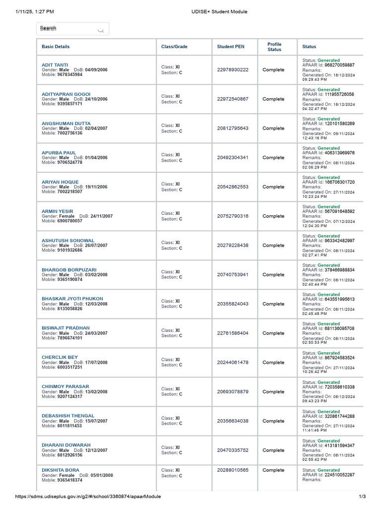Class XI Section C Student Details | PDF