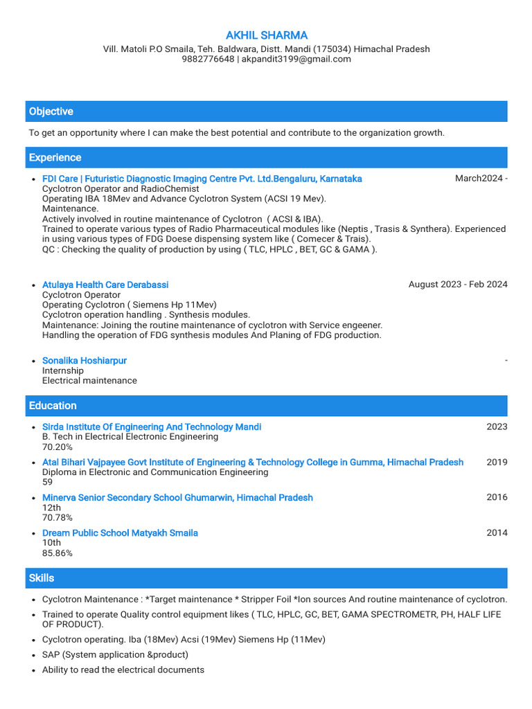 Akhil Sharma Resume Cyclotron | PDF | Physical Sciences | Applied And Interdisciplinary Physics