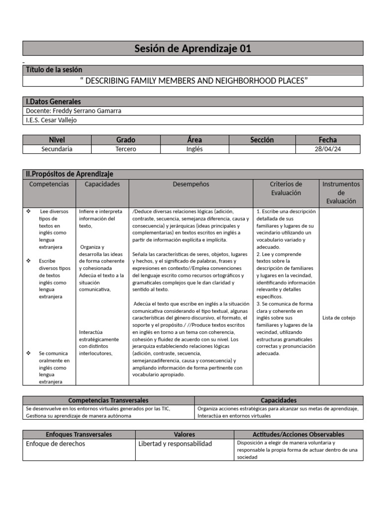 Sesion 1. Describing Family Members and Neighborhood Places | PDF ...