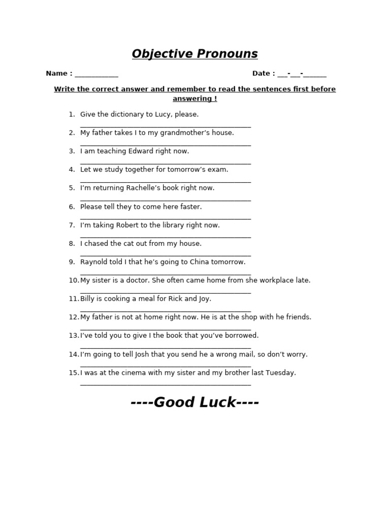 Objective Pronouns Worksheet For Kids 117127 | PDF