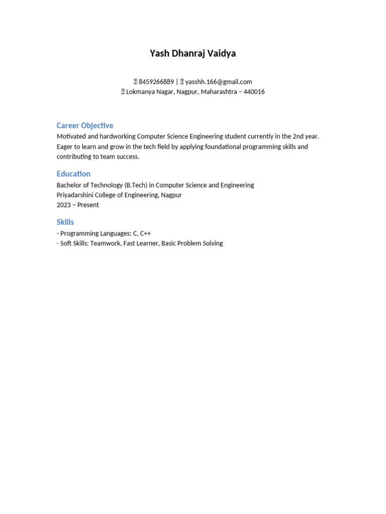 Yash Vaidya Resume | PDF