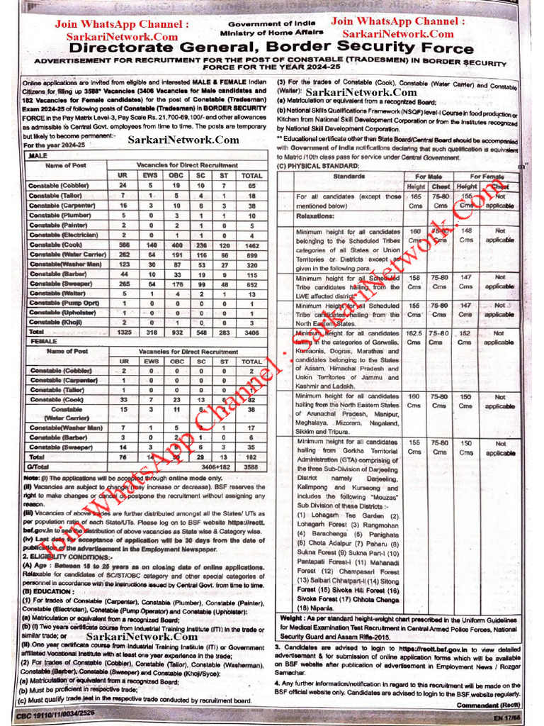 BSF Constable Tradesman Recruitment 2025 Short Notification 1 | PDF