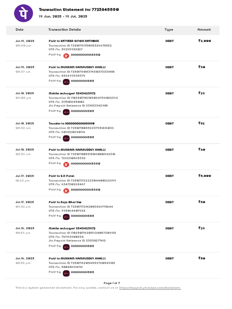 PhonePe Statement Jun2025 Jul2025 | PDF | Debit Card | Debits And Credits