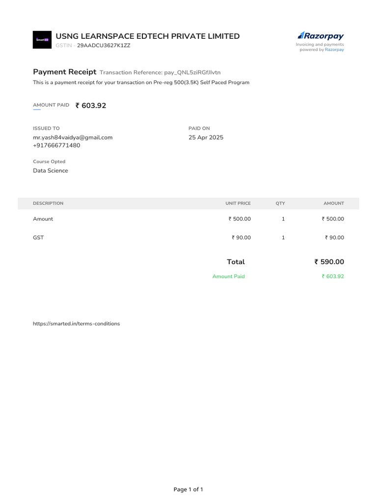 Receipt Pay - QNL5ziRGfJIvtn From SmartED (Paid) | PDF
