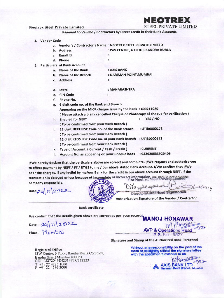 NEOTREX Axis Bank Mandate Form | PDF