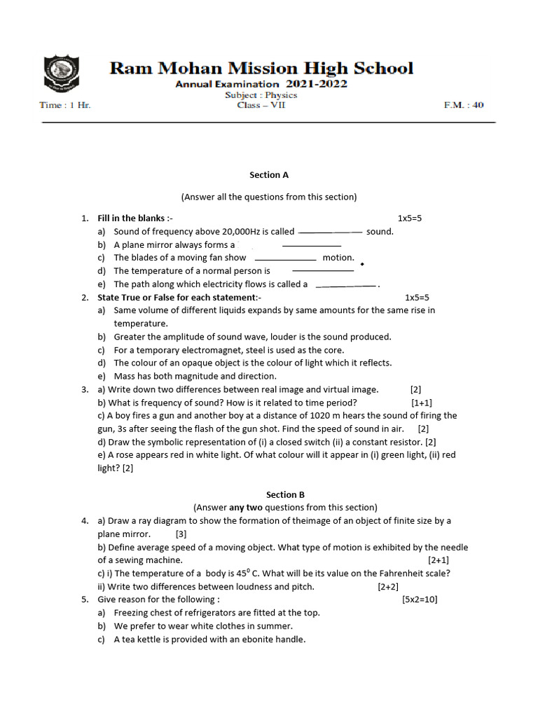 Class 7 Annual Paper Physics - MS | PDF | Sound | Light