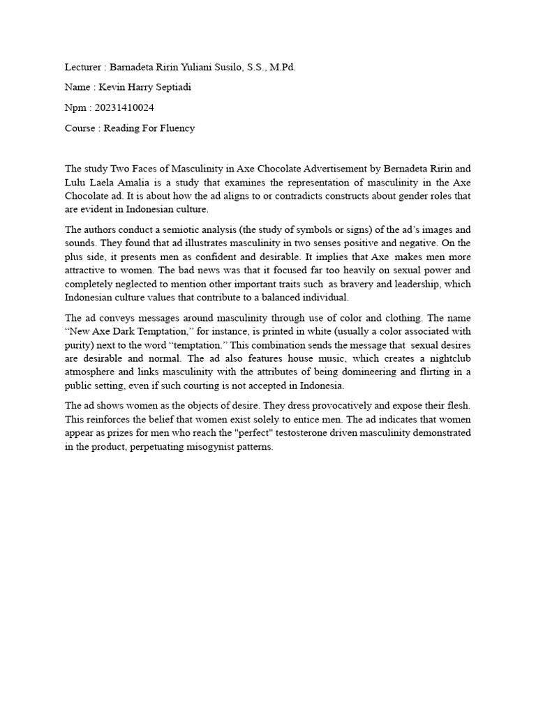 Summary Two Faces of Masculinity in Axe Chocolate Advertisement | PDF