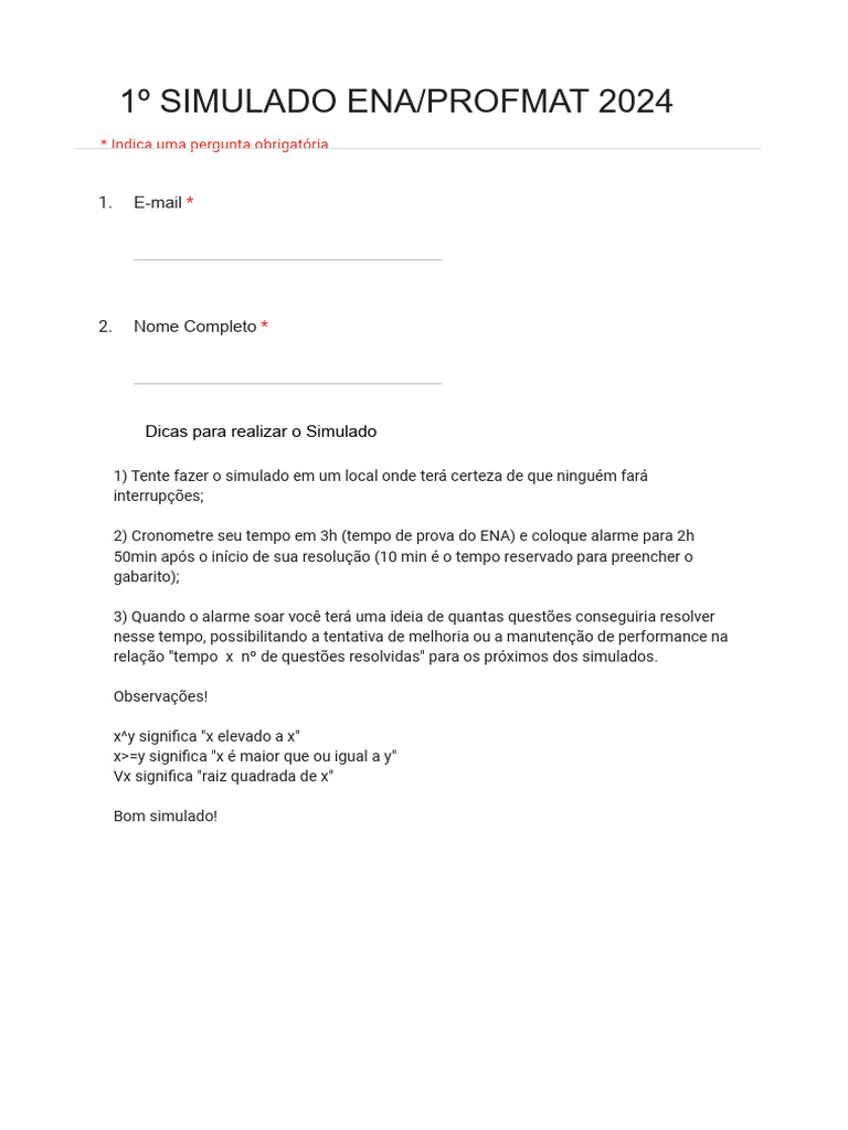 1º SIMULADO ENA - PROFMAT 2024 - Formulários Google | PDF | Triângulo | Matemática
