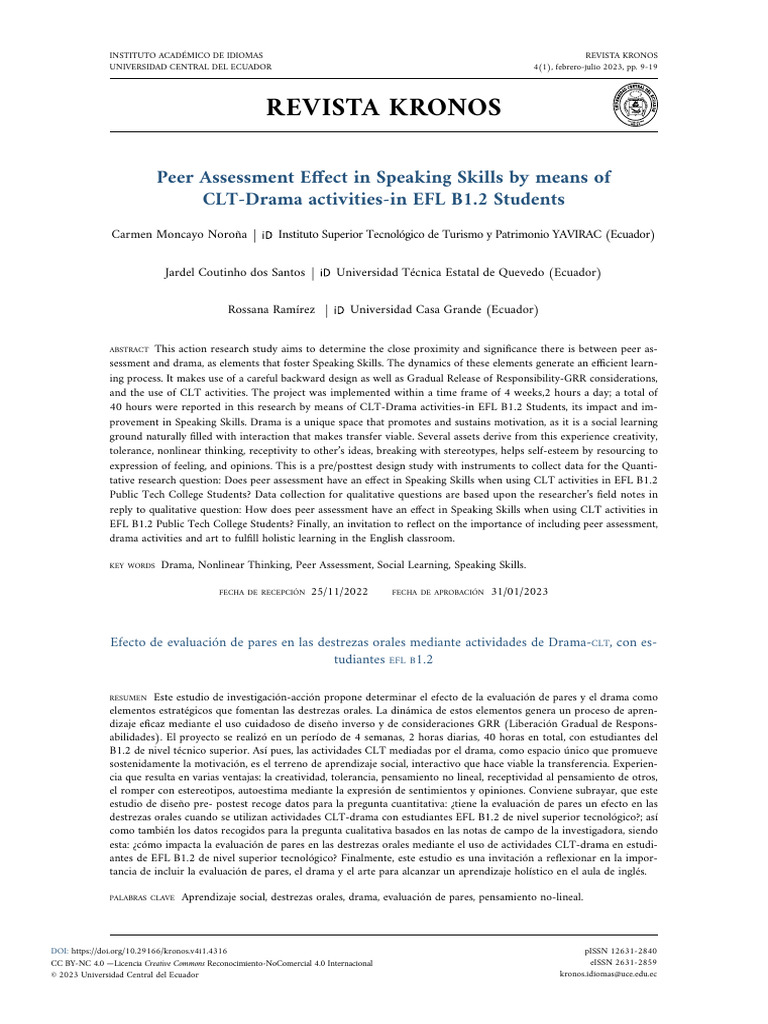 Peer Assessment Effect in Speaking Skills by Means of CLT Drama ...