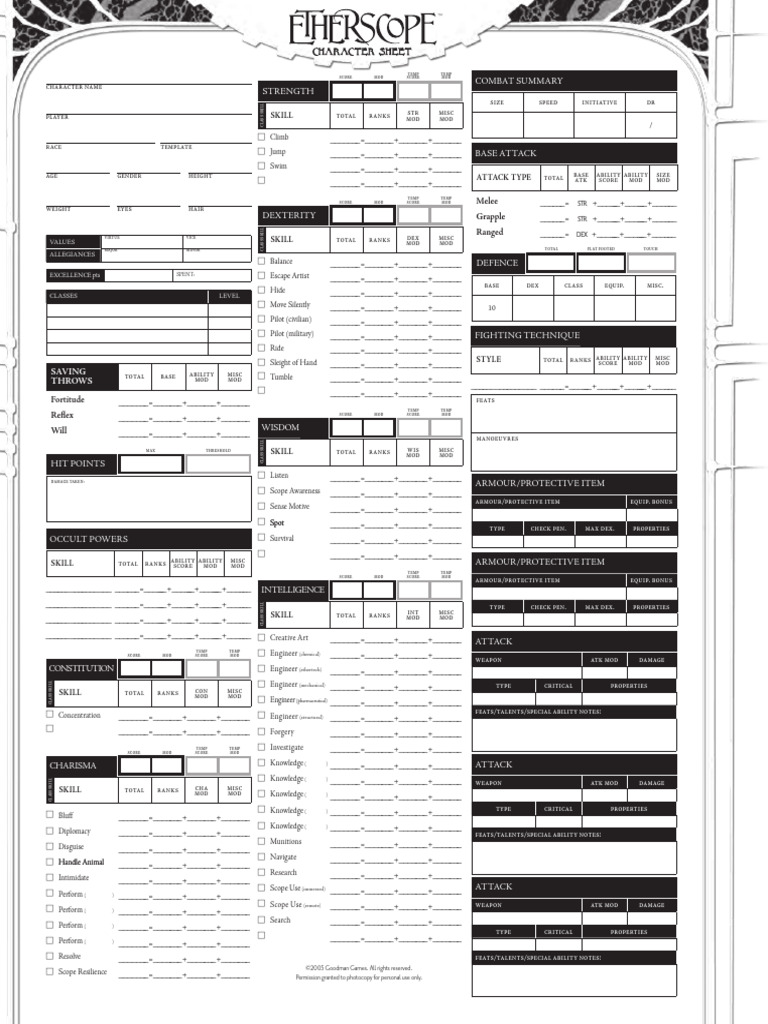 Etherscope Character Sheet | PDF | Role Playing Games