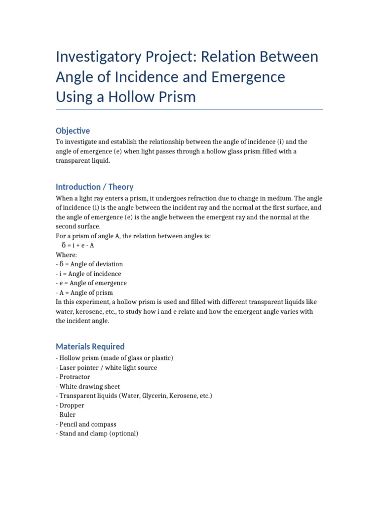 Investigatory Project Hollow Prism | PDF | Refraction | Refractive Index