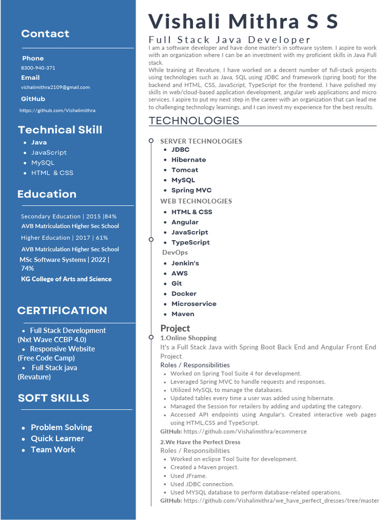 Full Stack Java Developer Portfolio | PDF | My Sql | Java (Programming ...