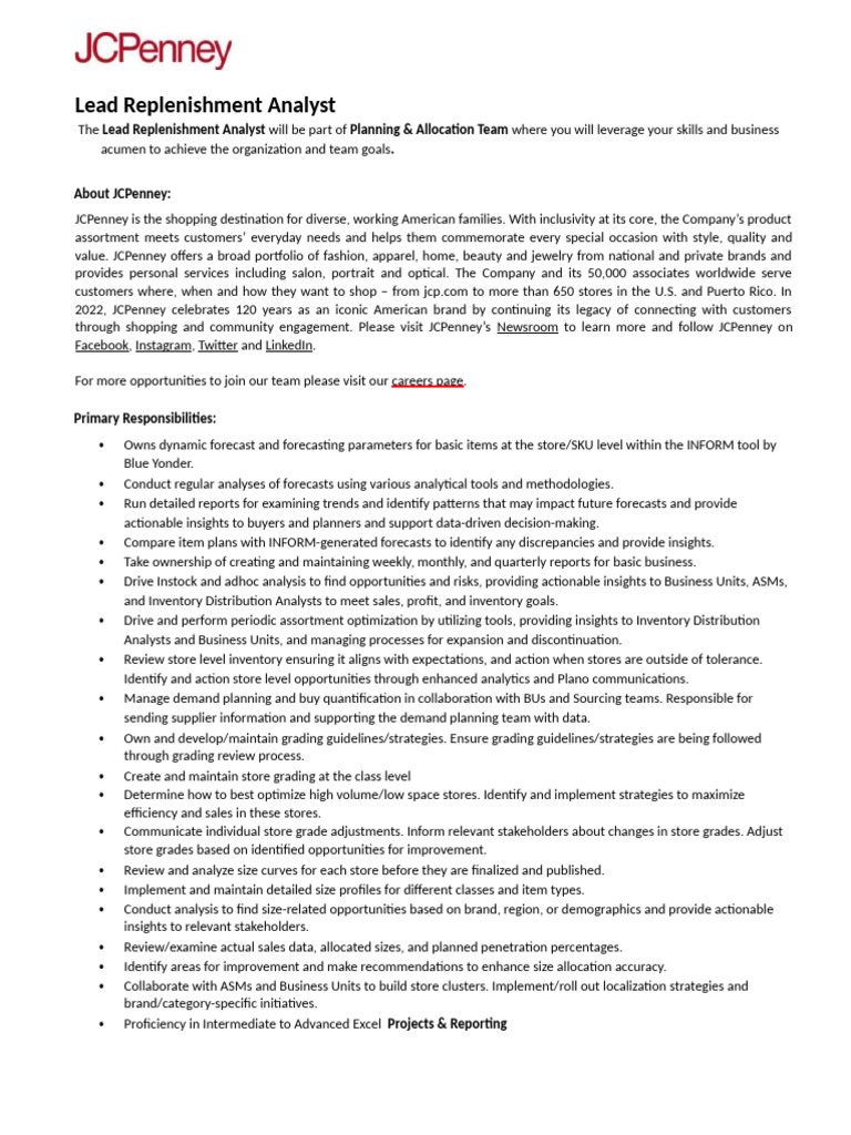 Job Description - Lead Replenishment Analyst | PDF | Brand | Forecasting