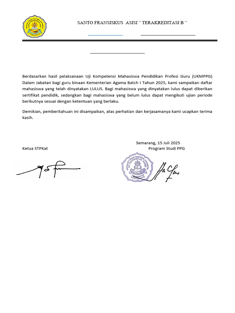 Surat Edaran Kelulusan Mahasiswa PPG | PDF