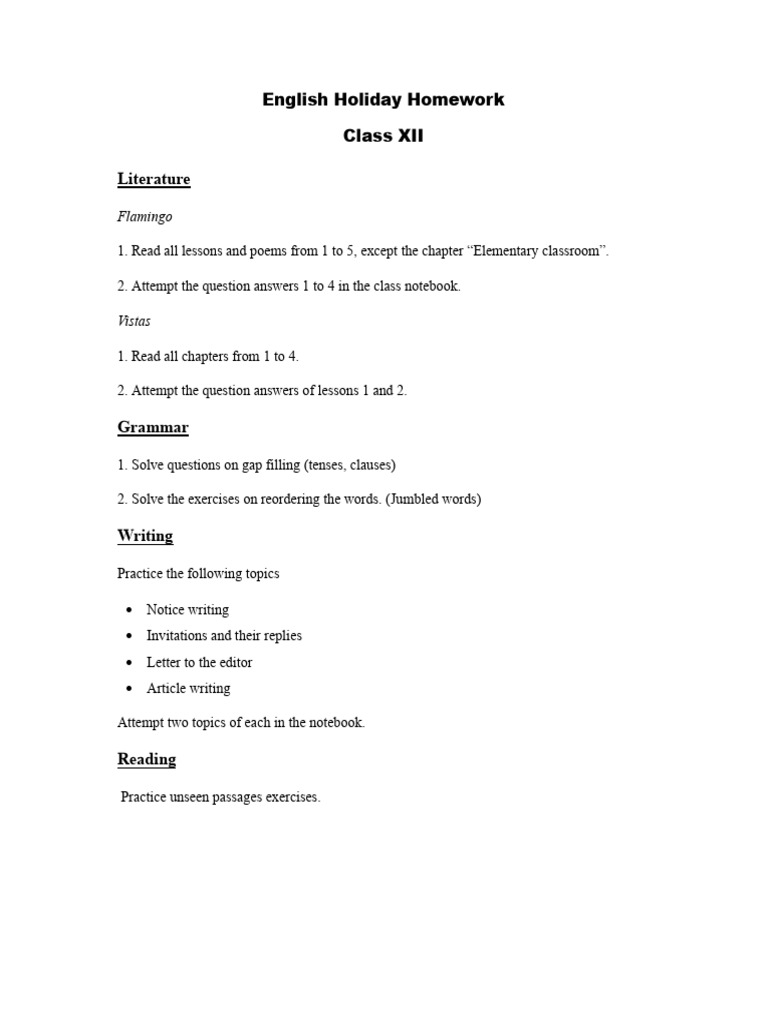 Class 12th English Holiday Homework | PDF