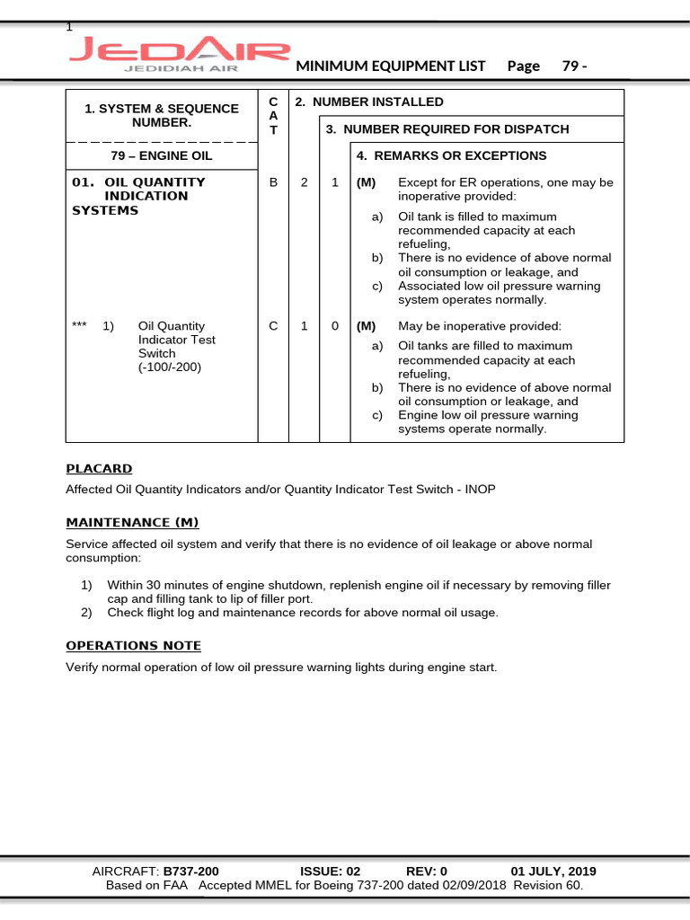 B737-200 Minimum Equipment List: Oil | PDF | Aviation Safety | Aerospace