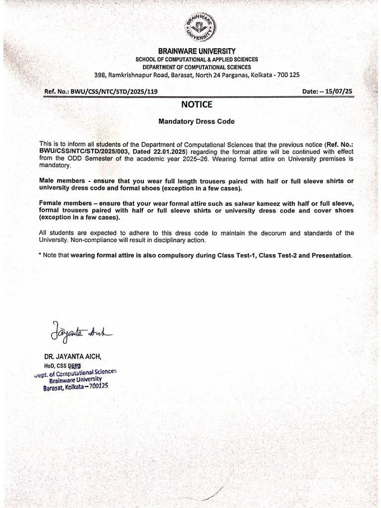 Student Notice - Mandatory Dress Code | PDF