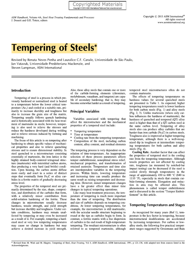 ASM Handbook Vol4A - Tempering of Steel | PDF