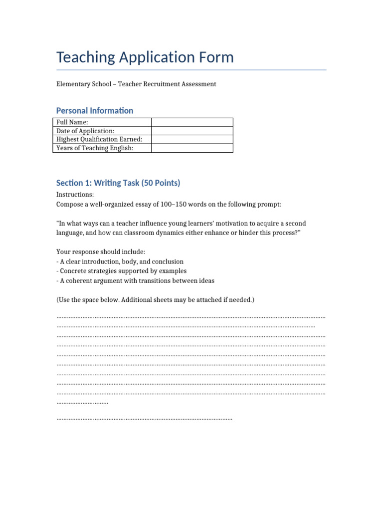 Elementary Teacher Application Form | PDF