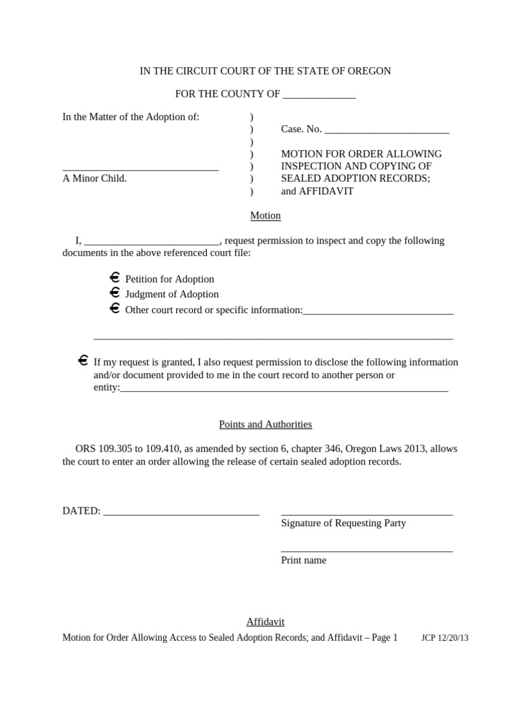 Access Sealed Adoption Records Motion | PDF | Affidavit | Civil Law ...
